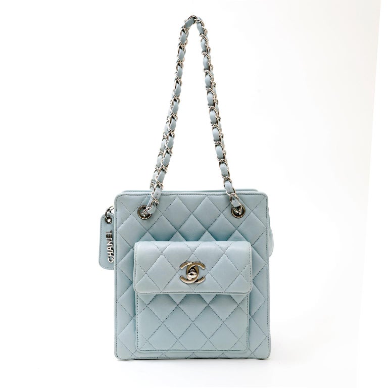 Chanel Powder Blue Quilted Leather Vintage Mini Tote For Sale at 1stDibs