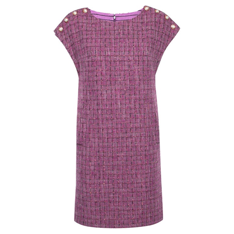 Chanel Purple Lurex Tweed Button Detail Short Dress M For Sale at 1stDibs