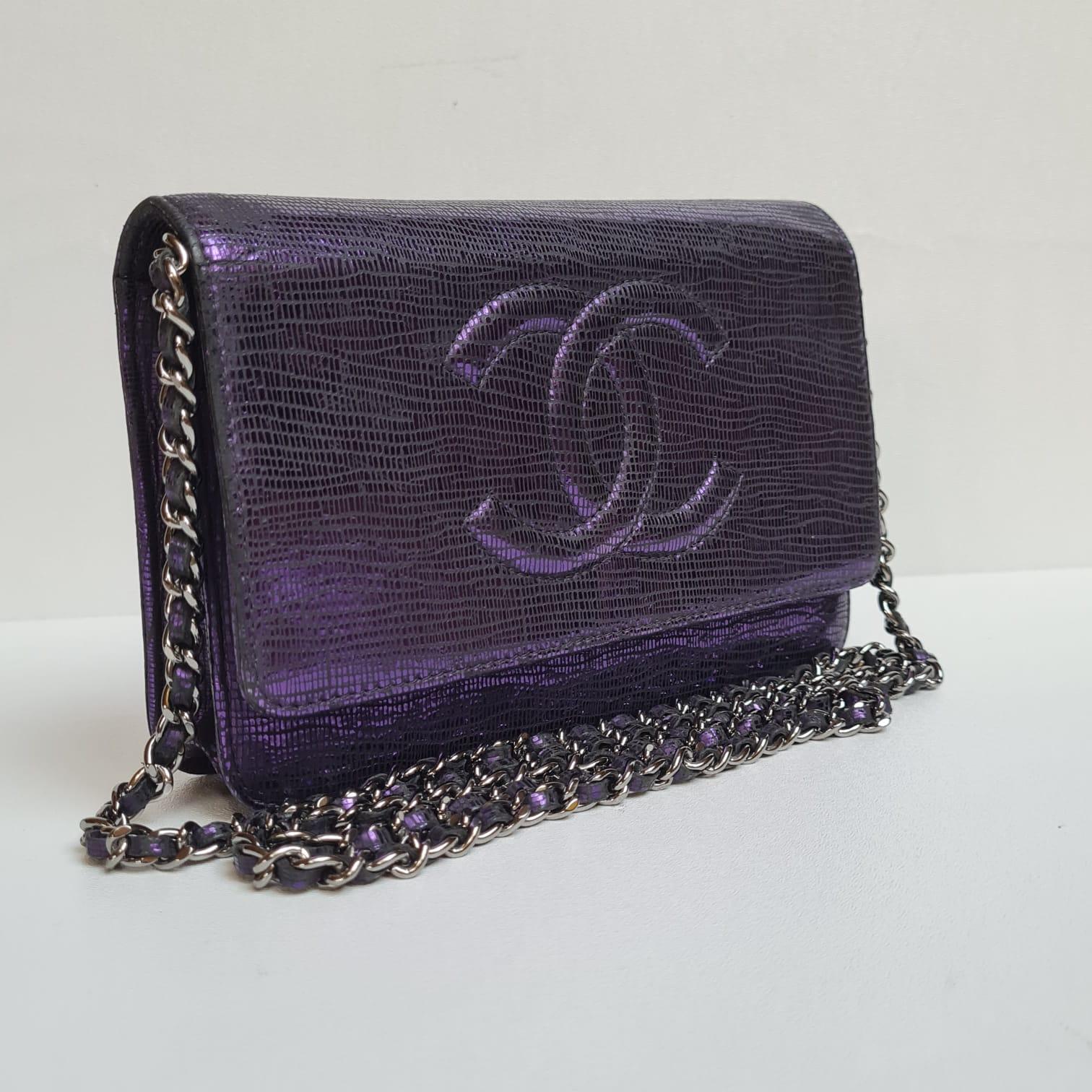 Chanel Purple Metallic Crackling Lizard Printed Timeless Wallet on ...