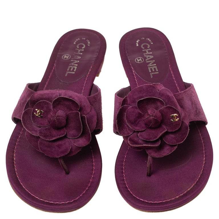 Chanel Purple Suede Camellia Embellished CC Flat Slides Size 40 at 1stDibs
