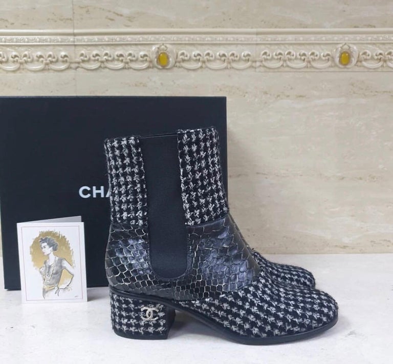 Chanel Python-Trimmed Tweed Ankle Boots at 1stDibs