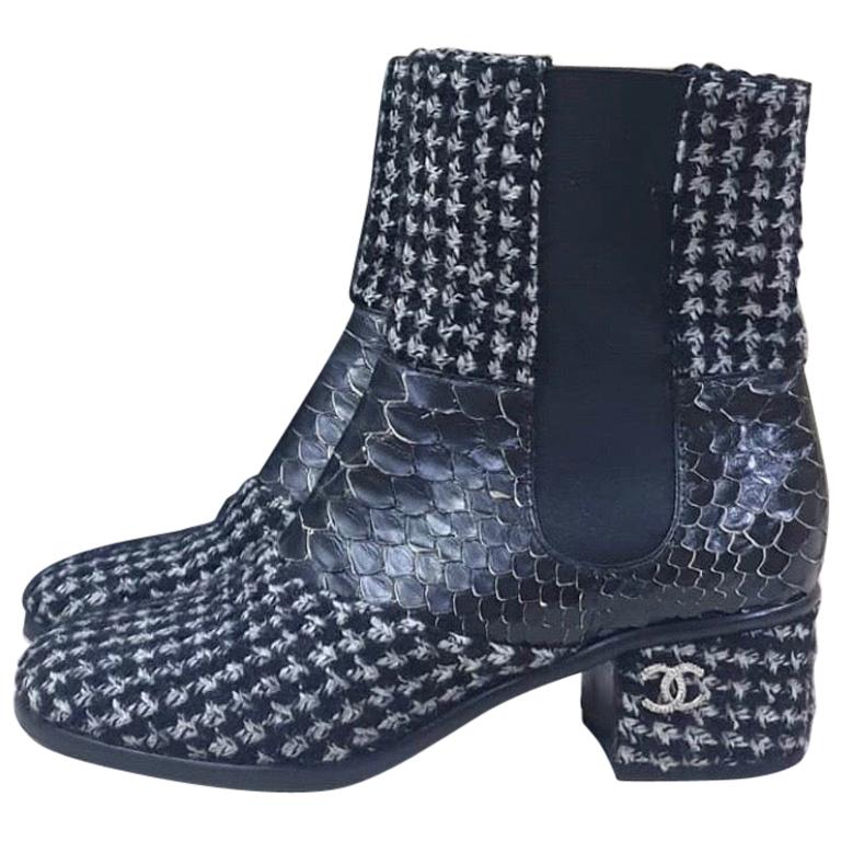 Chanel Python-Trimmed Tweed Ankle Boots at 1stDibs