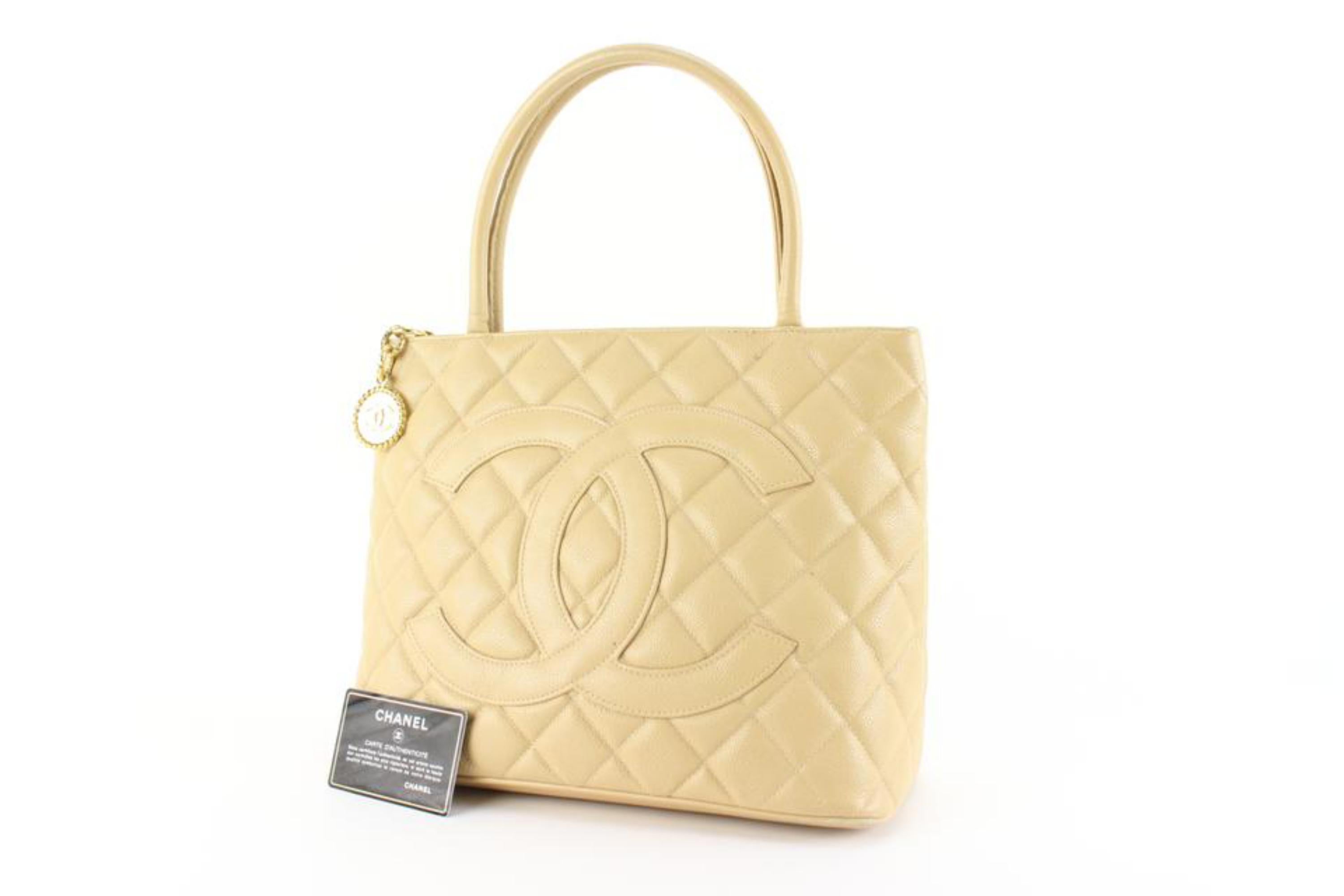 Chanel Quilted Beige Caviar Leather Medallion Tote Bag 90cc89s For Sale ...