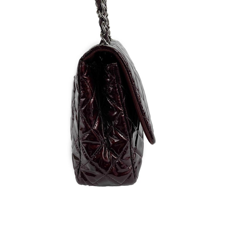 CHANEL Quilted Bordeaux / Silver Patent Leather Jumbo Single Flap ...
