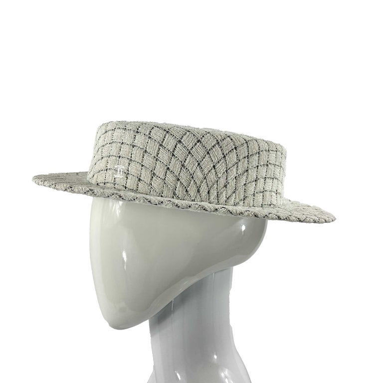 CHANEL Quilted Fantasy Tweed CC Boater Hat Black, White For Sale at 1stDibs