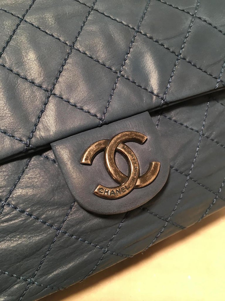 Chanel Quilted Navy Blue Coated Leather Classic Flap Shoulder Bag For ...
