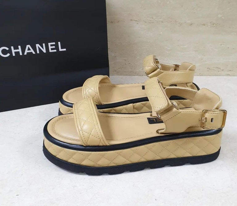 Chanel Quilted Platform Beige Sandals For Sale at 1stDibs