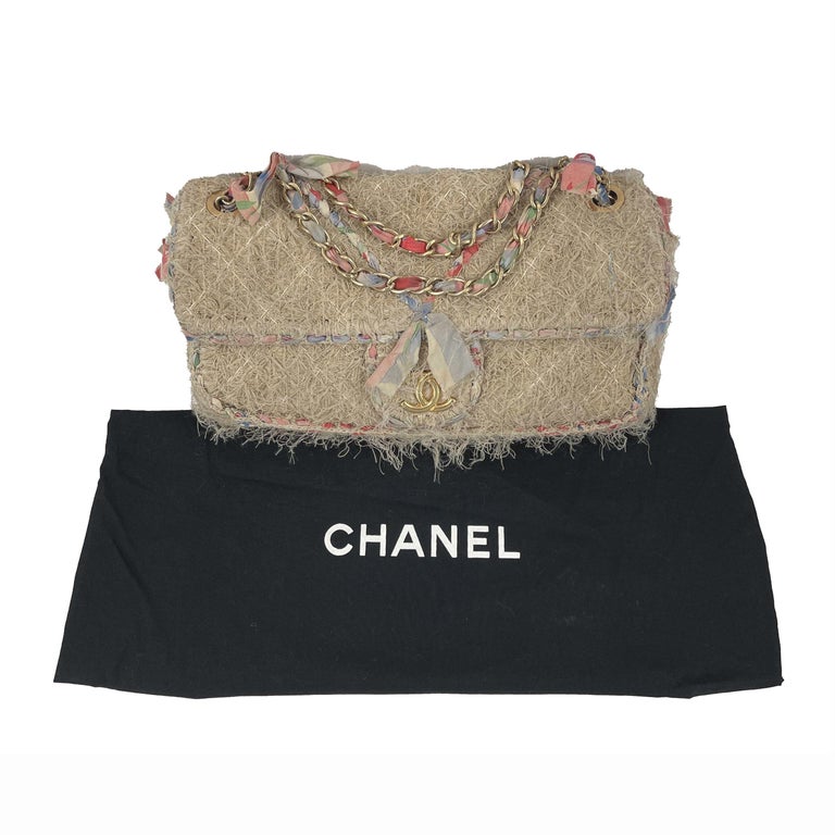 CHANEL - Quilted Stitched Tan Raffia / Straw CC Country Flap Shoulder ...