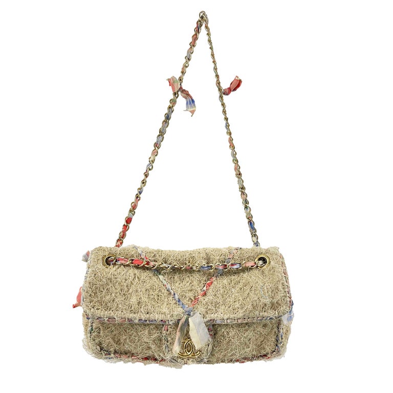 CHANEL - Quilted Stitched Tan Raffia / Straw CC Country Flap Shoulder ...