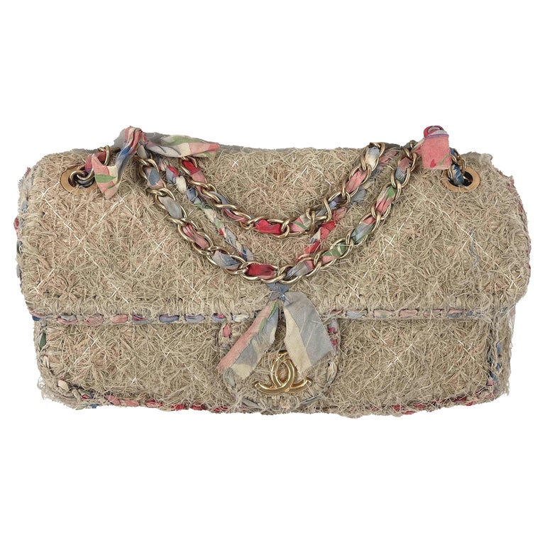 CHANEL - Quilted Stitched Tan Raffia / Straw CC Country Flap Shoulder ...