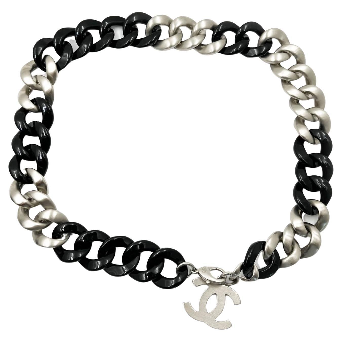 Chanel Silver CC Black Padlock Chain Necklace For Sale at 1stDibs