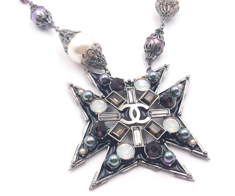 Chanel Rare Gunmetal Star Multi Color Stone Faux Pearl Necklace For ...