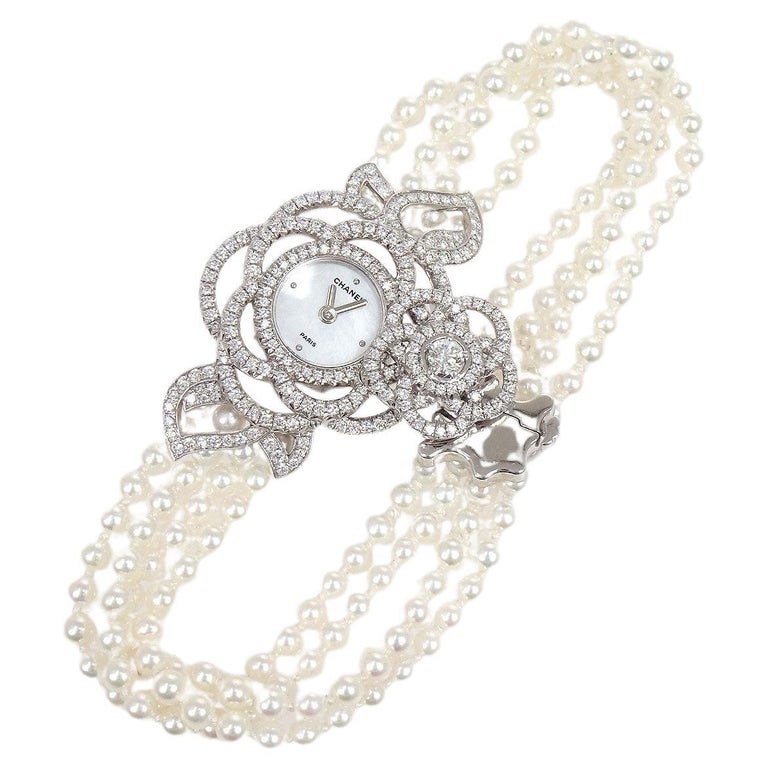 CHANEL Rare Pearl 18Kt White Gold Diamond Camilla Evening Wrist Watch ...