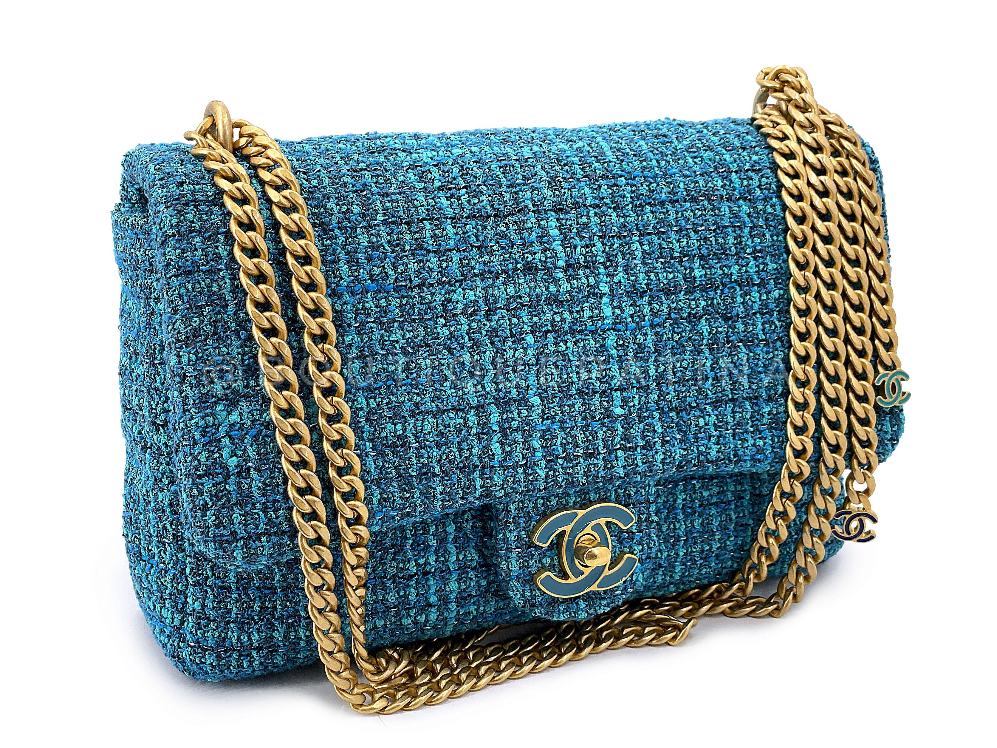Chanel Rare Teal Blue Tweed Enamel CC Tassel Classic Flap Bag GHW 67581 ...