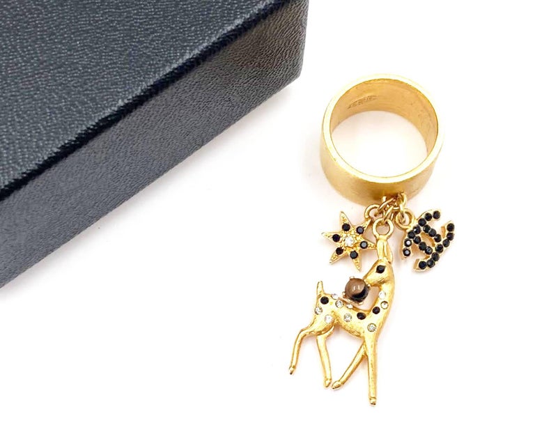 Chanel Rare Vintage Gold Plated Black CC Bambi Deer Ring For Sale at ...