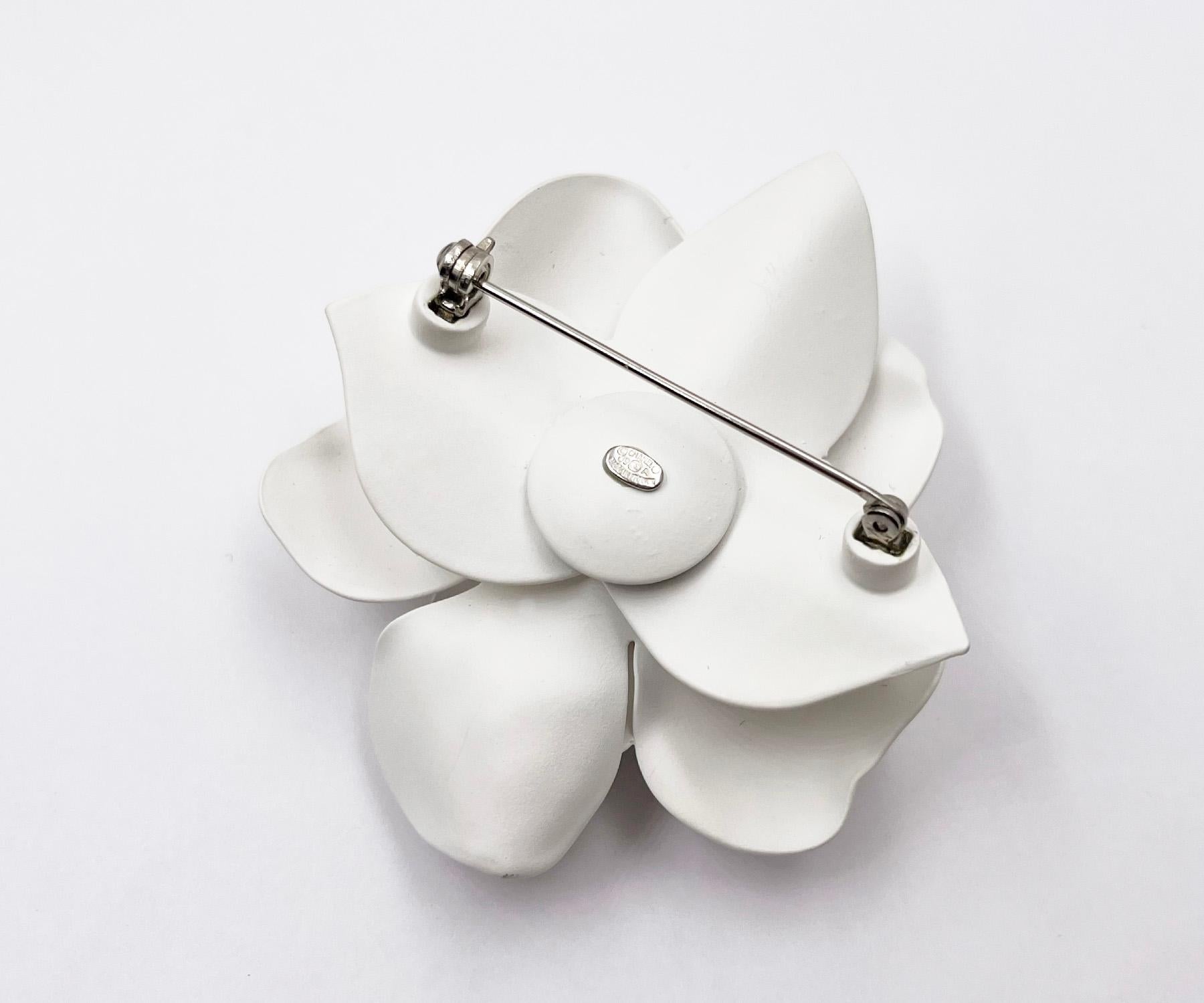 Chanel Rare White Camellia Silver CC Brooch For Sale at 1stDibs