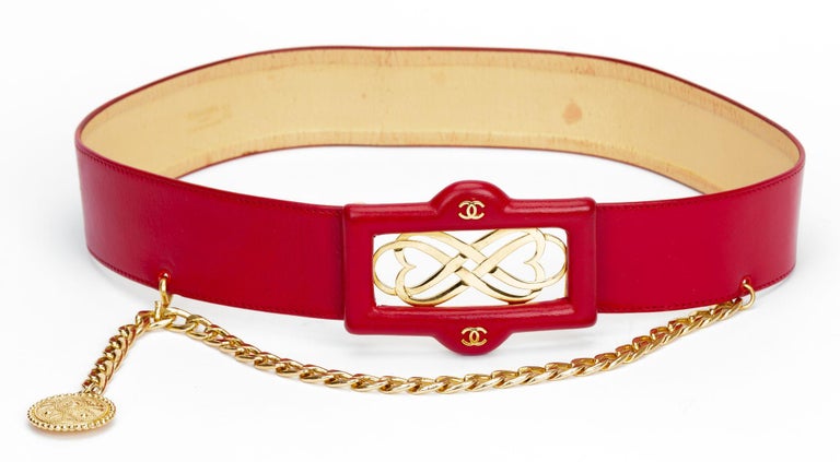 Chanel Red 80s Belt With Chain Drop For Sale at 1stDibs