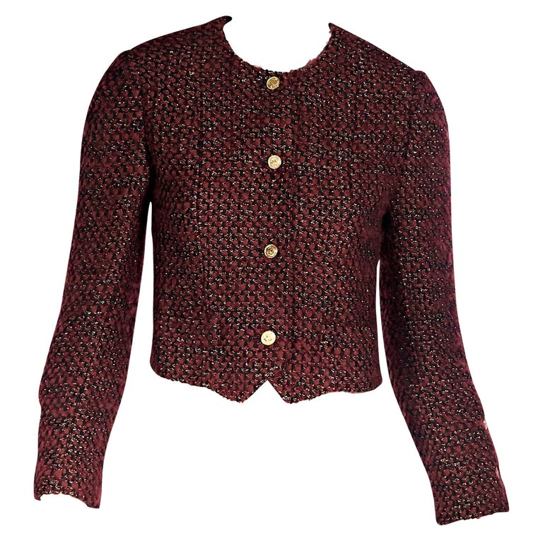 Chanel Red and Black Metallic Tweed Cropped Jacket at 1stDibs