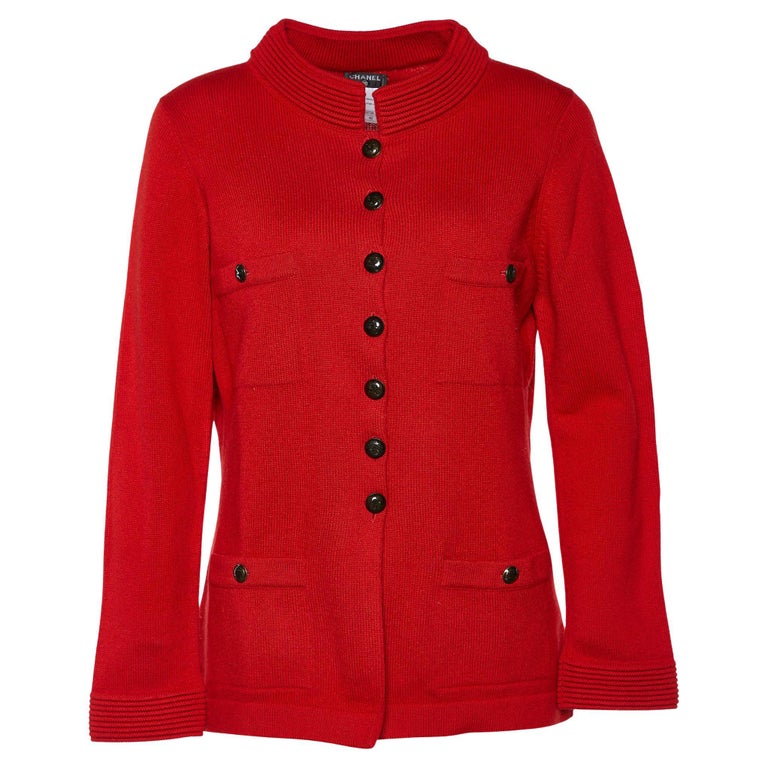 Chanel Red Cashmere Button Front Jacket L For Sale at 1stDibs