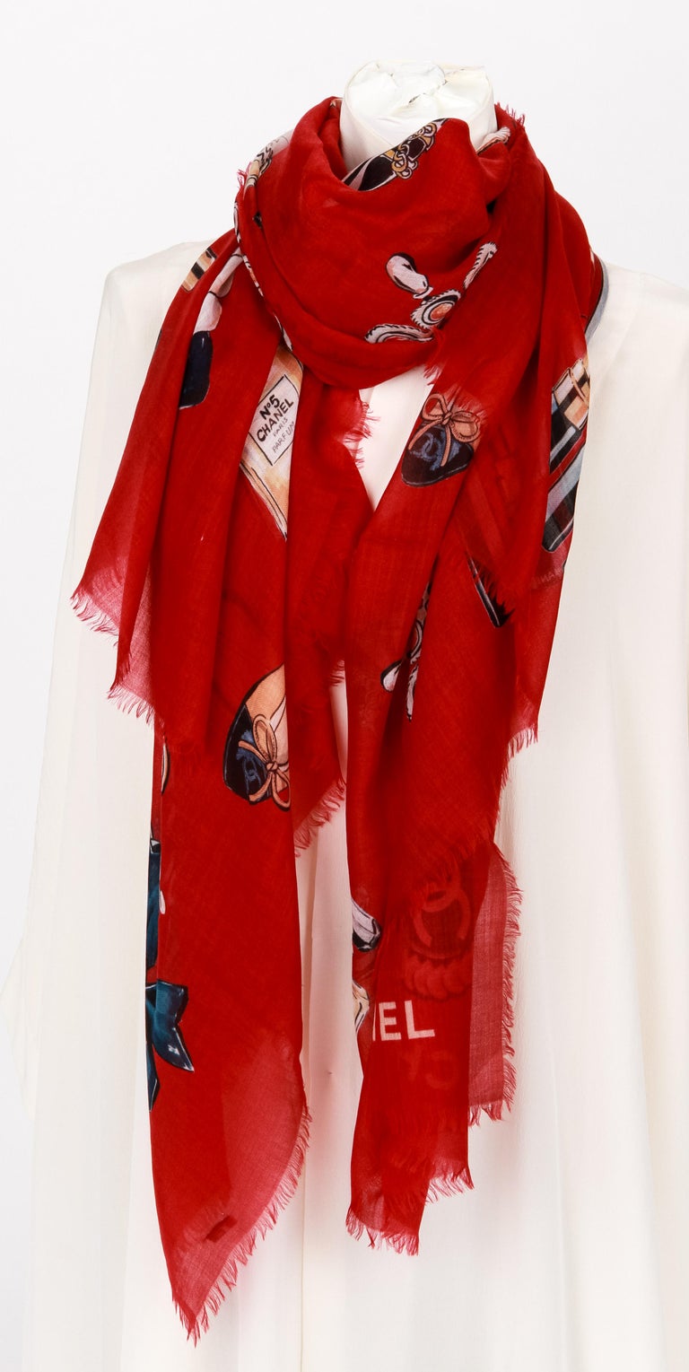 Chanel Red Cashmere Silk Iconic 54" Shawl For Sale at 1stDibs