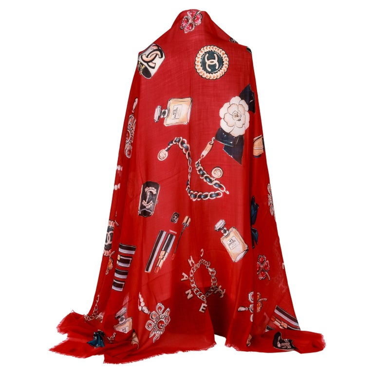 Chanel Red Cashmere Silk Iconic 54" Shawl For Sale at 1stDibs