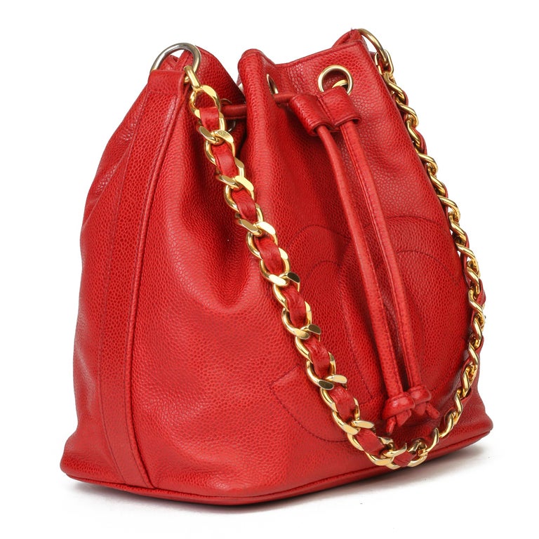 Chanel Red Caviar Leather Vintage Timeless Bucket Bag with Pouch at 1stDibs