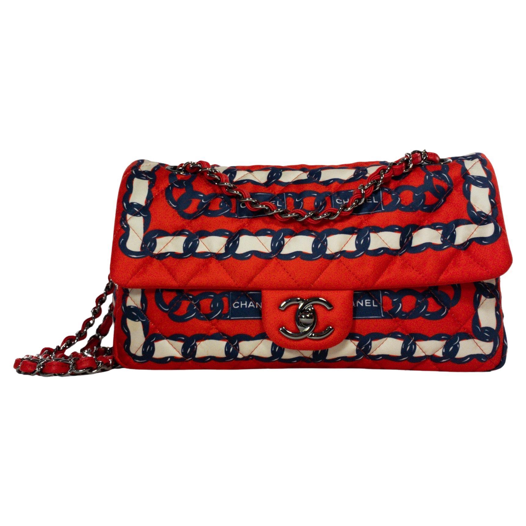 Chanel Red Chain Printed Silk Medium Single Flap For Sale at 1stDibs