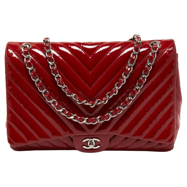 Chanel Red Chevron Patent Leather Maxi Classic Single Flap Bag For Sale ...