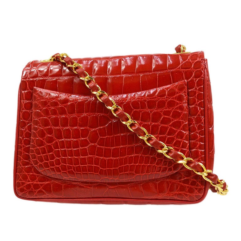CHANEL Red Crocodile Exotic Leather Gold Small Mini Evening Shoulder ...