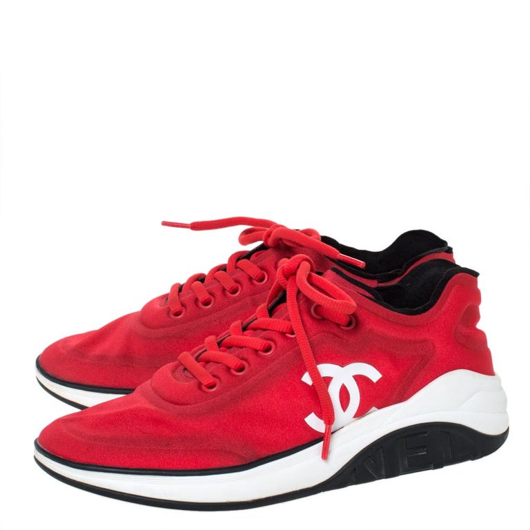 Chanel Red Fabric CC Lace Up Sneakers Size 37 For Sale at 1stDibs
