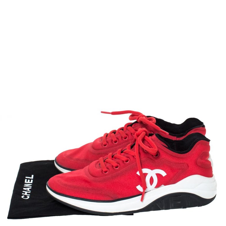 Chanel Red Fabric CC Lace Up Sneakers Size 37 For Sale at 1stDibs