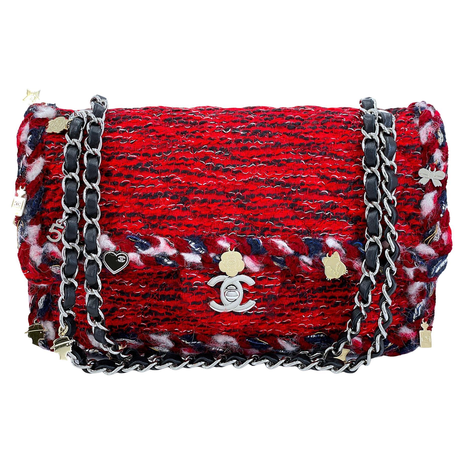 Chanel Red Fringe Tweed Charms Medium Classic Double Flap Bag SHW 68159 ...