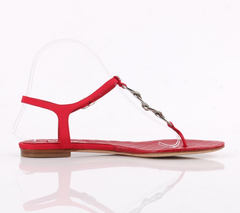 CHANEL Red Grosgrain Ribbon Quilted Leather Silver Chain T Strap Sandal ...
