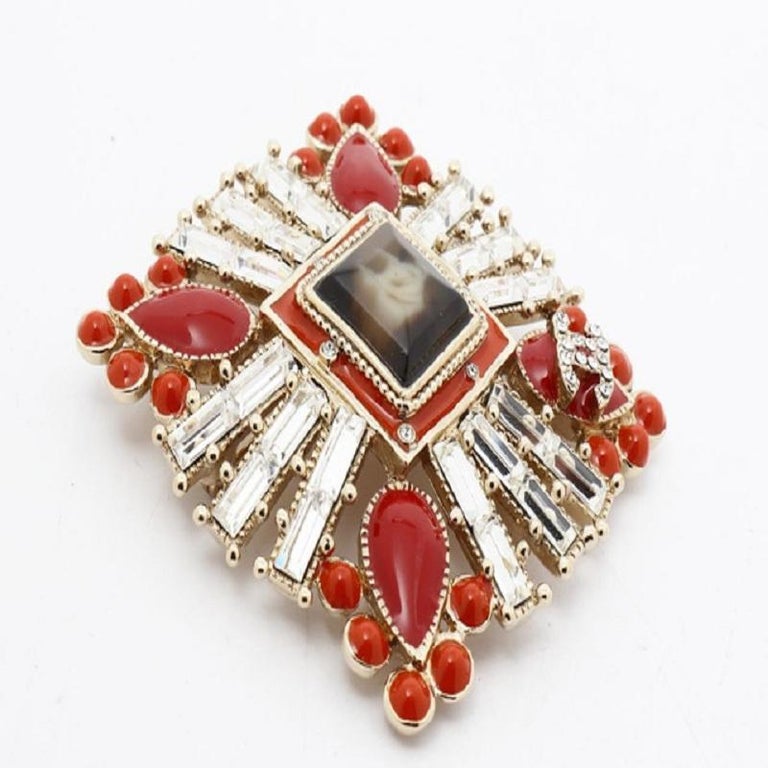 Chanel Red Lab-Created Stones Clear Rhinestones CC Brooch at 1stDibs