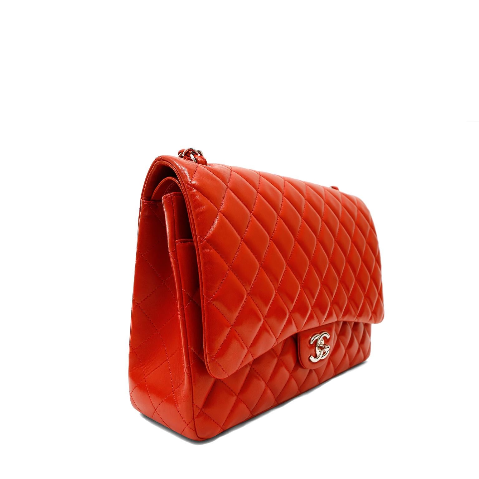 Chanel Red Lambskin Maxi Flap Bag For Sale at 1stDibs | chanel red maxi ...