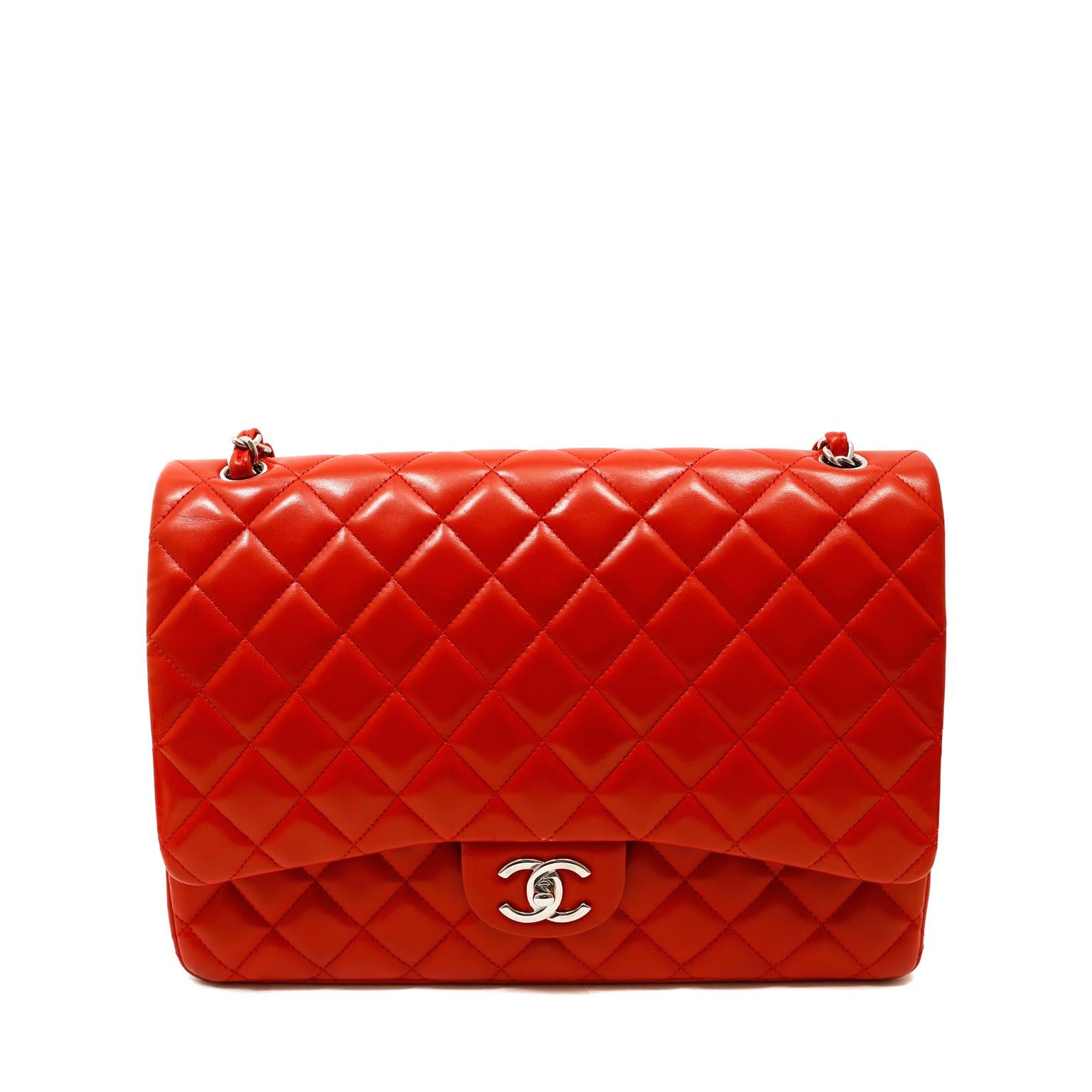 Chanel Red Lambskin Maxi Flap Bag For Sale at 1stDibs | chanel red maxi ...