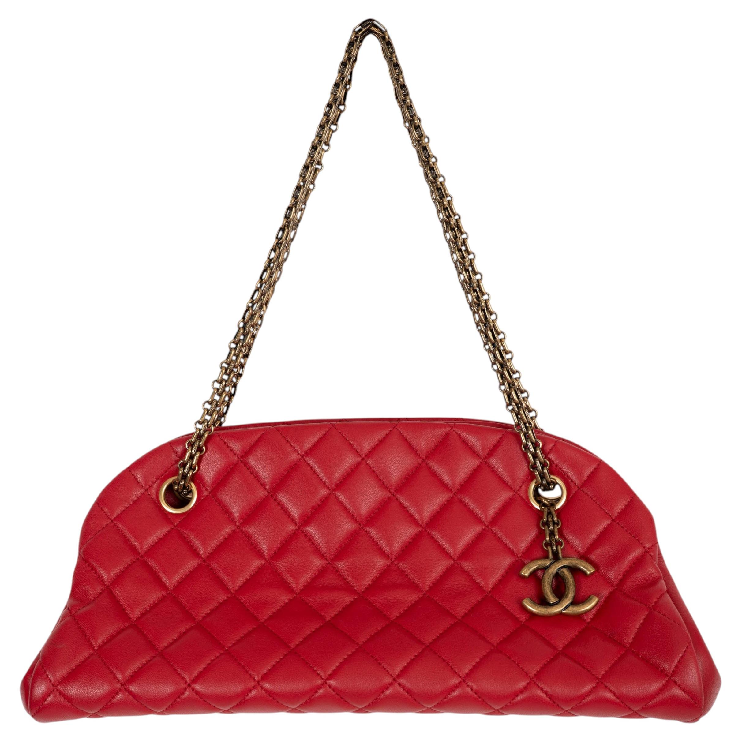 Chanel Coral Red Caviar Leather Medium Just Mademoiselle Bowling Bag ...