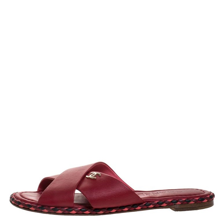 Chanel Red Leather Braided Trim Criss Cross CC Flat Slide Size 38 For ...