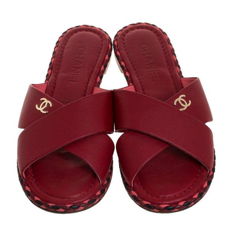 Chanel Red Leather Braided Trim Criss Cross CC Flat Slide Size 38 For ...