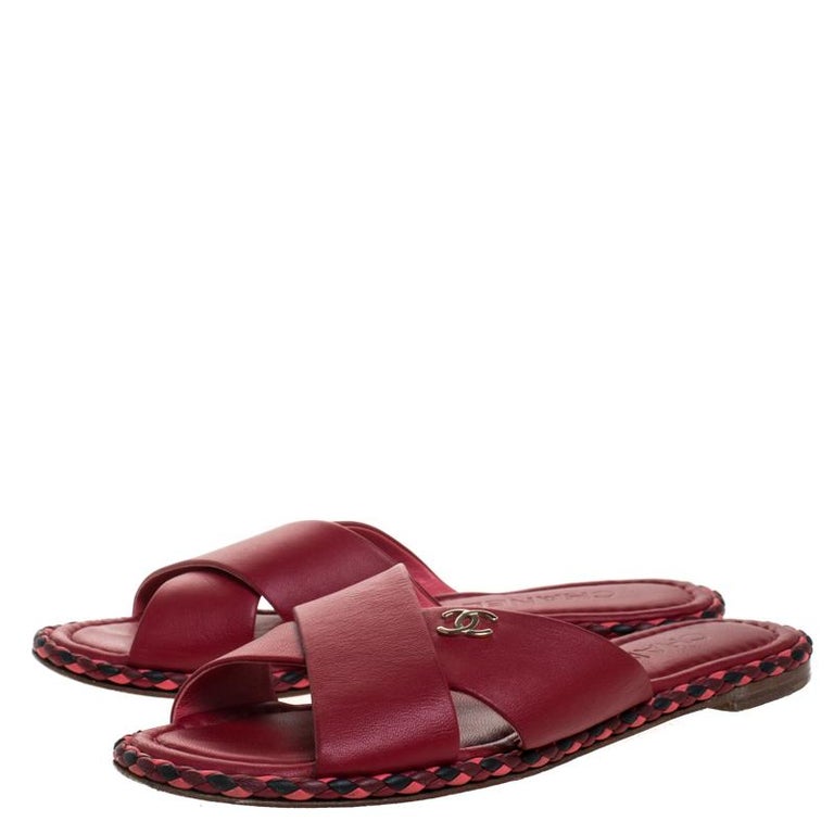 Chanel Red Leather Braided Trim Criss Cross CC Flat Slide Size 38 For ...
