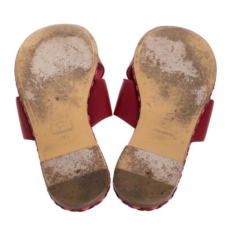 Chanel Red Leather Braided Trim Criss Cross CC Flat Slide Size 38 For ...