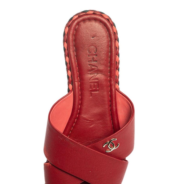 Chanel Red Leather Braided Trim Criss Cross CC Flat Slides Size 36 at ...