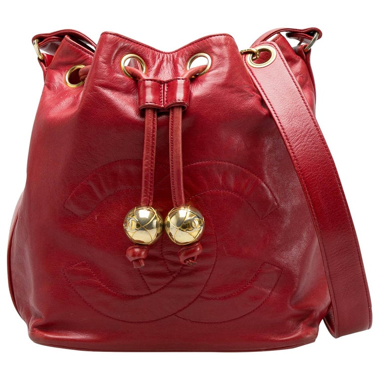 Chanel Red Leather Vintage CC Drawstring Bucket Bag For Sale at 1stDibs