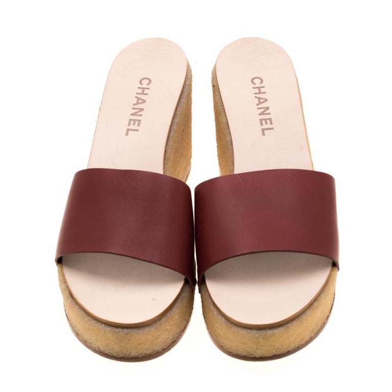 Chanel Red Leather Wedge Platform Slides Size 41 For Sale at 1stDibs