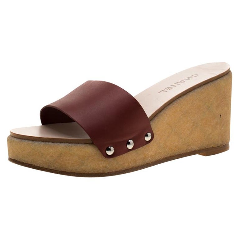 Chanel Red Leather Wedge Platform Slides Size 41 For Sale at 1stDibs