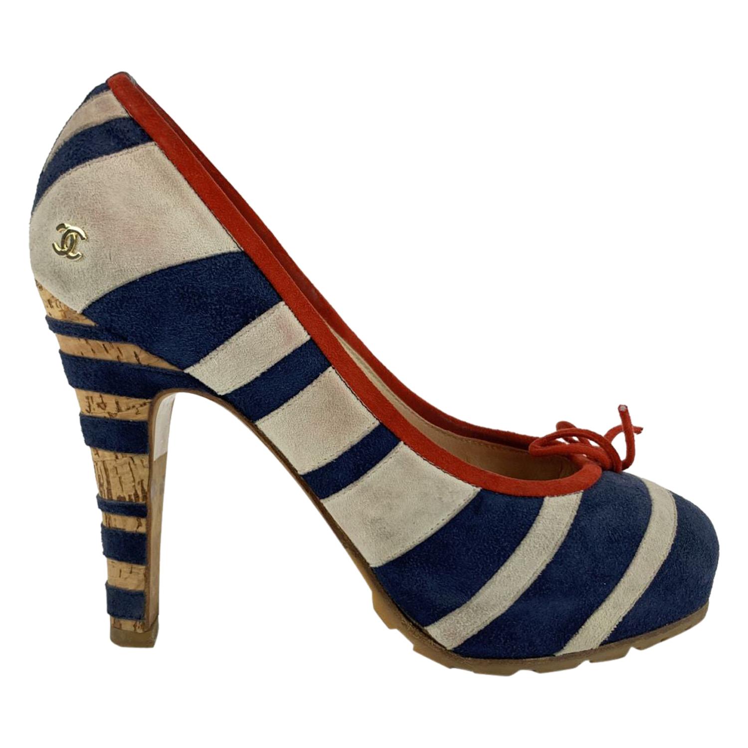 Chanel Red Navy White Suede Striped Pumps Heels Size 36.5 For Sale at ...