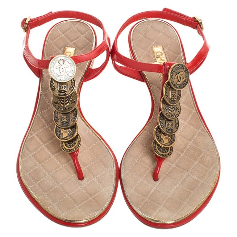 Chanel Red Patent Leather CC Coin Thong Strap Sandals Size 37.5 at 1stDibs