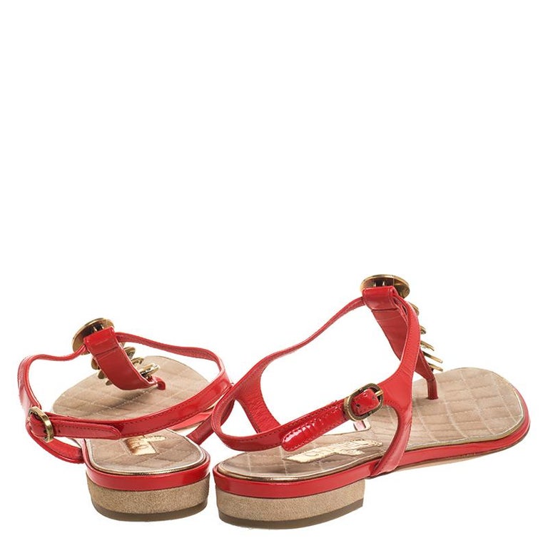 Chanel Red Patent Leather CC Coin Thong Strap Sandals Size 37.5 at 1stDibs