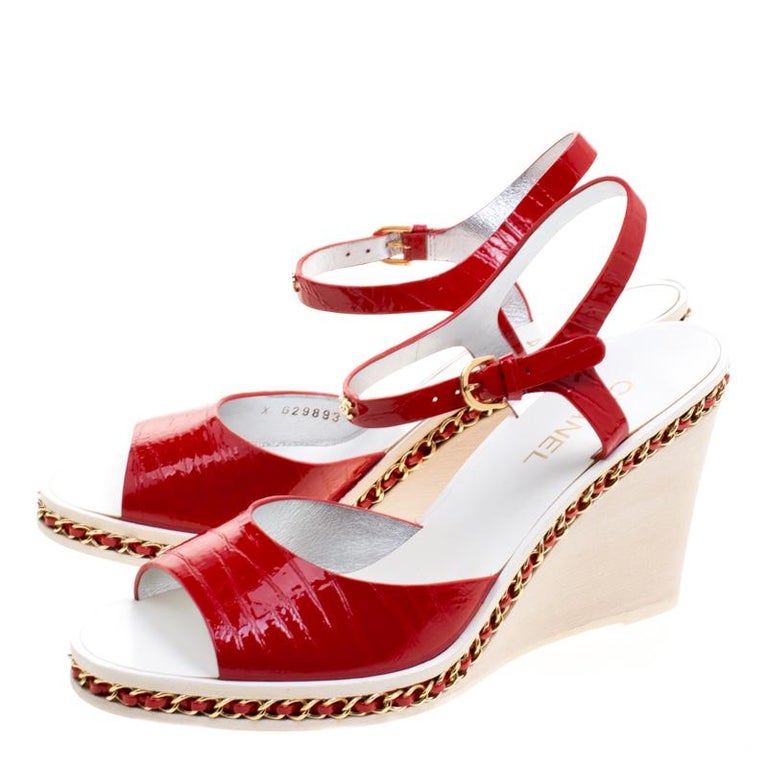 Chanel Red Patent Leather Chain Detail Ankle Strap Wedge Sandals Size ...