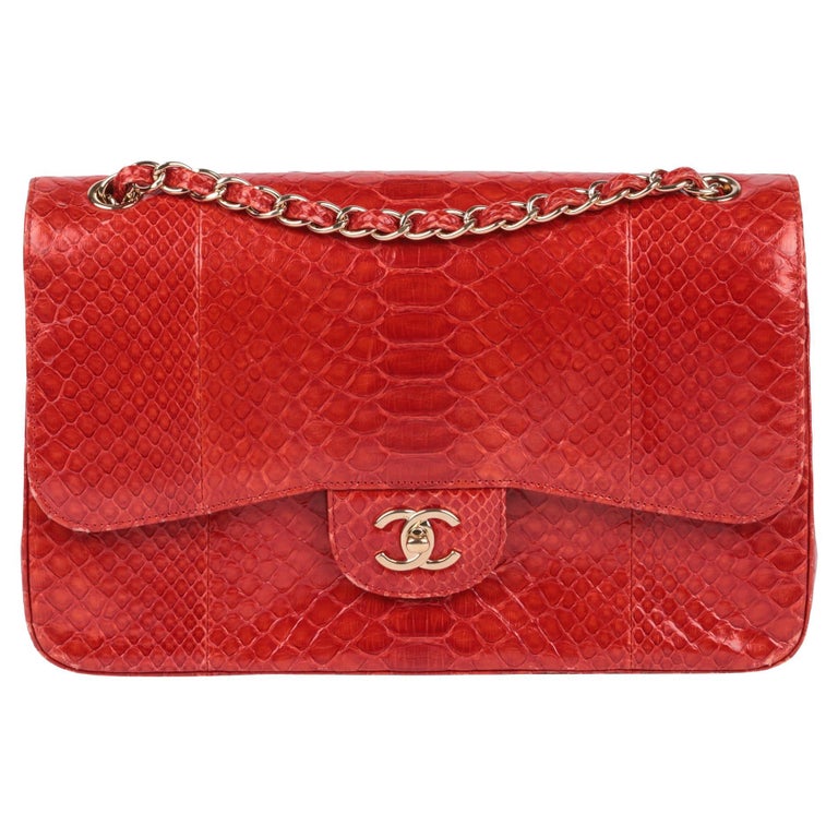 CHANEL Red Python Leather Jumbo Classic Double Flap Bag For Sale at 1stDibs